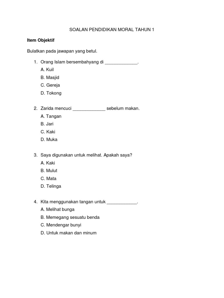 Soalan Pendidikan Moral Tahun 1 | PDF | Karier & Perkembangan ...