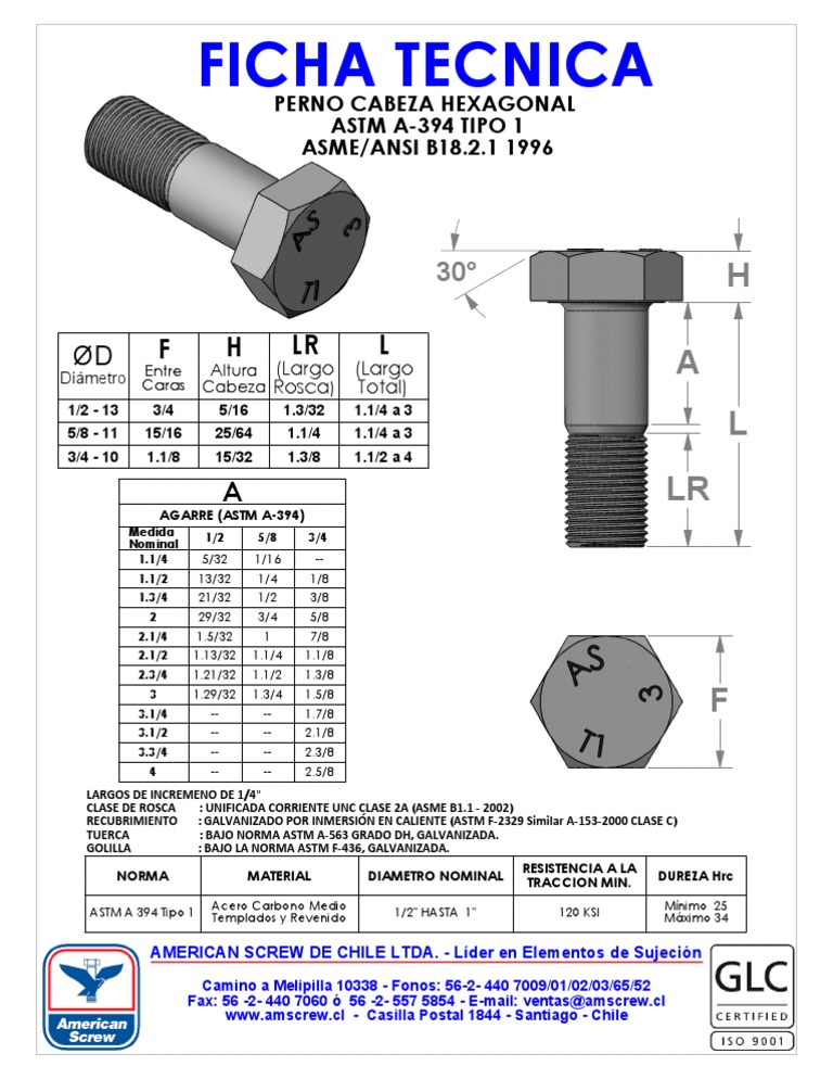 Ficha Tecnica Perno Hexagonal Astm A-394 Tipo 1 | PDF