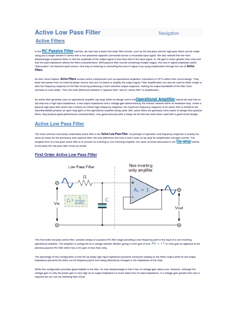 Active Low Pass Filter | PDF | Amplifier | Operational Amplifier