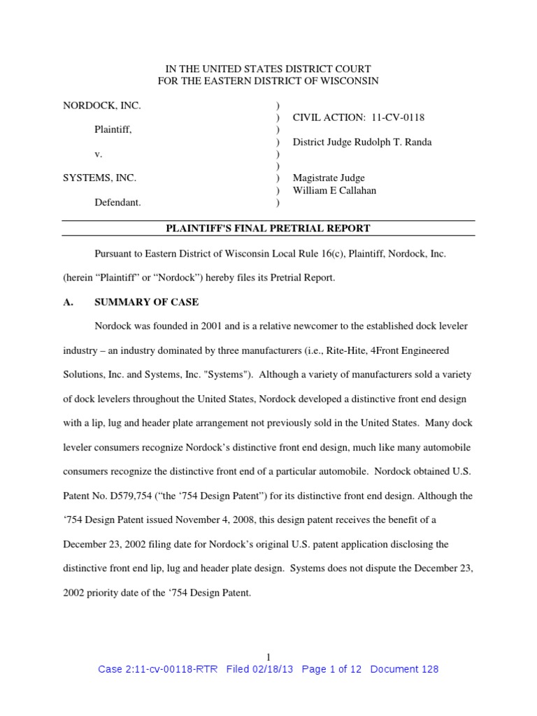 Nordock Pretrial Report | PDF | Patent Application | Evidence