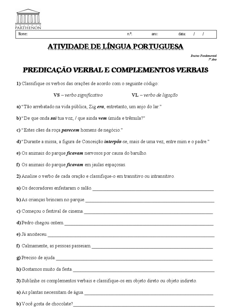 Atividade de Lingua Portuguesa Predicacao Verbal e Complementos Verbais ...