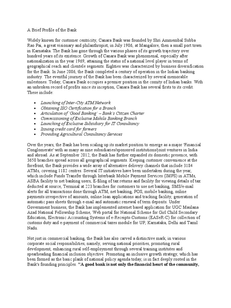 Brief History of Canara Bank | PDF | Loans | Banks