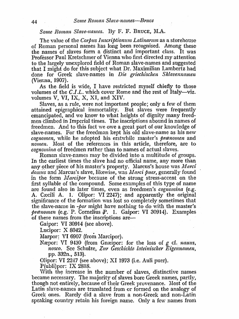 F.F. Bruce - Some Roman Slave Names | PDF