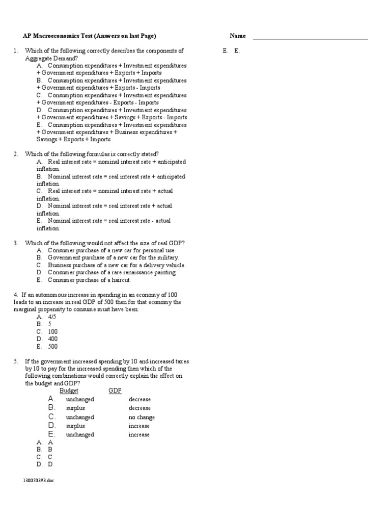AP Macro Practice Test | PDF | Fiscal Policy | Inflation