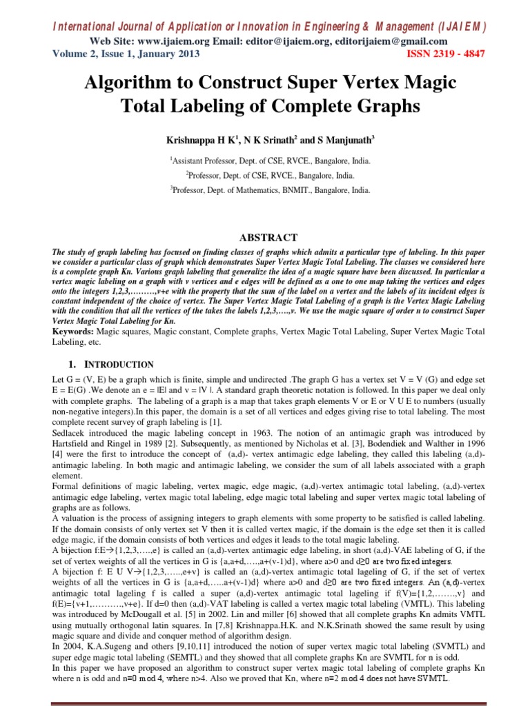 Algorithm To Construct Super Vertex Magic Total Labeling of Complete Graphs | PDF | Vertex ...