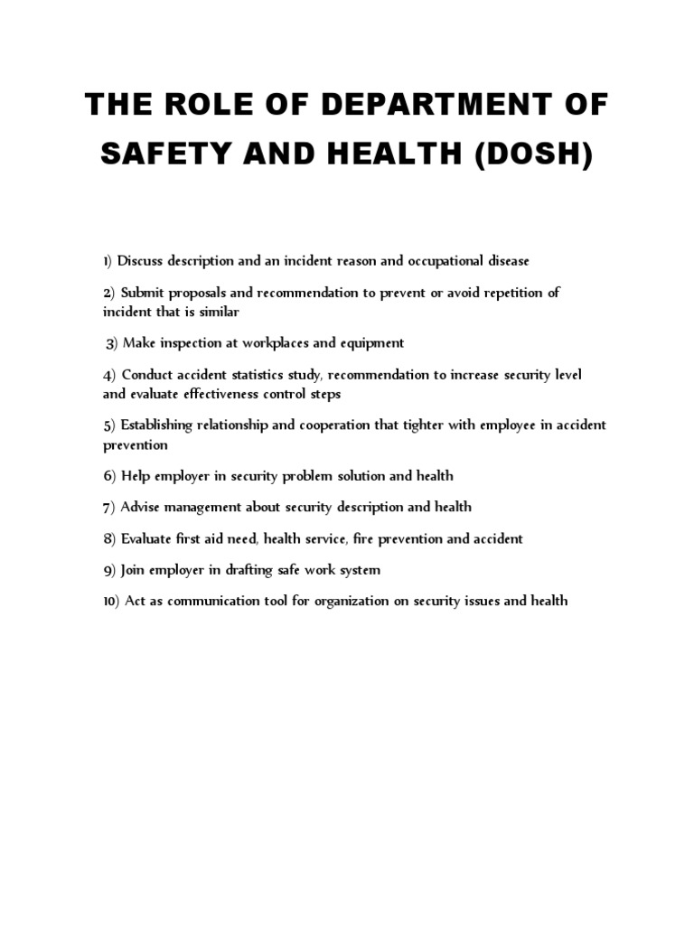 The Role of Department of Safety and Health (Dosh) | PDF | Occupational ...