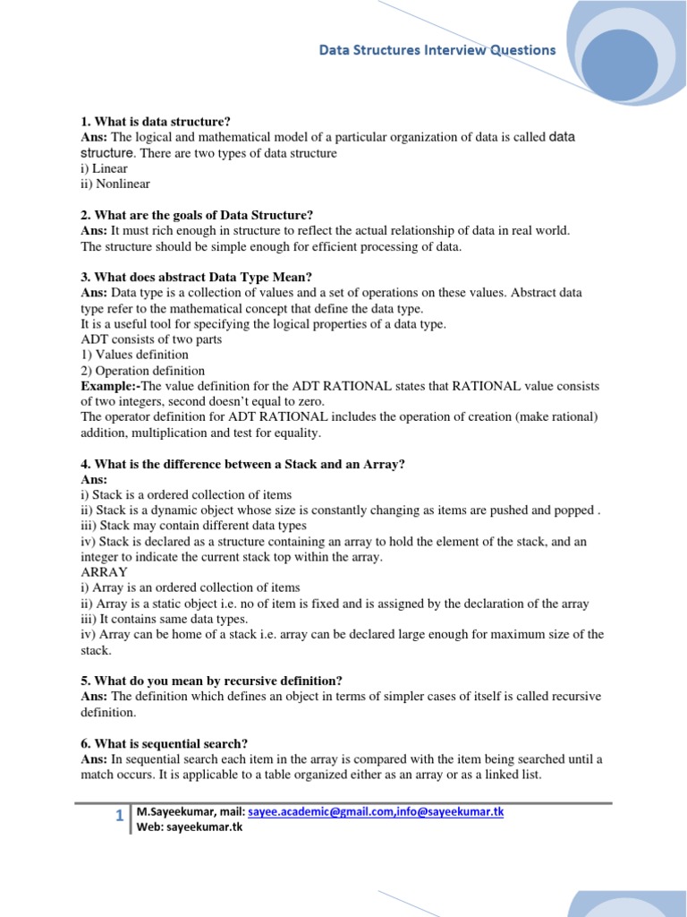 Data Structures Technical Interview Questions | PDF | Array Data Structure | Pointer (Computer ...