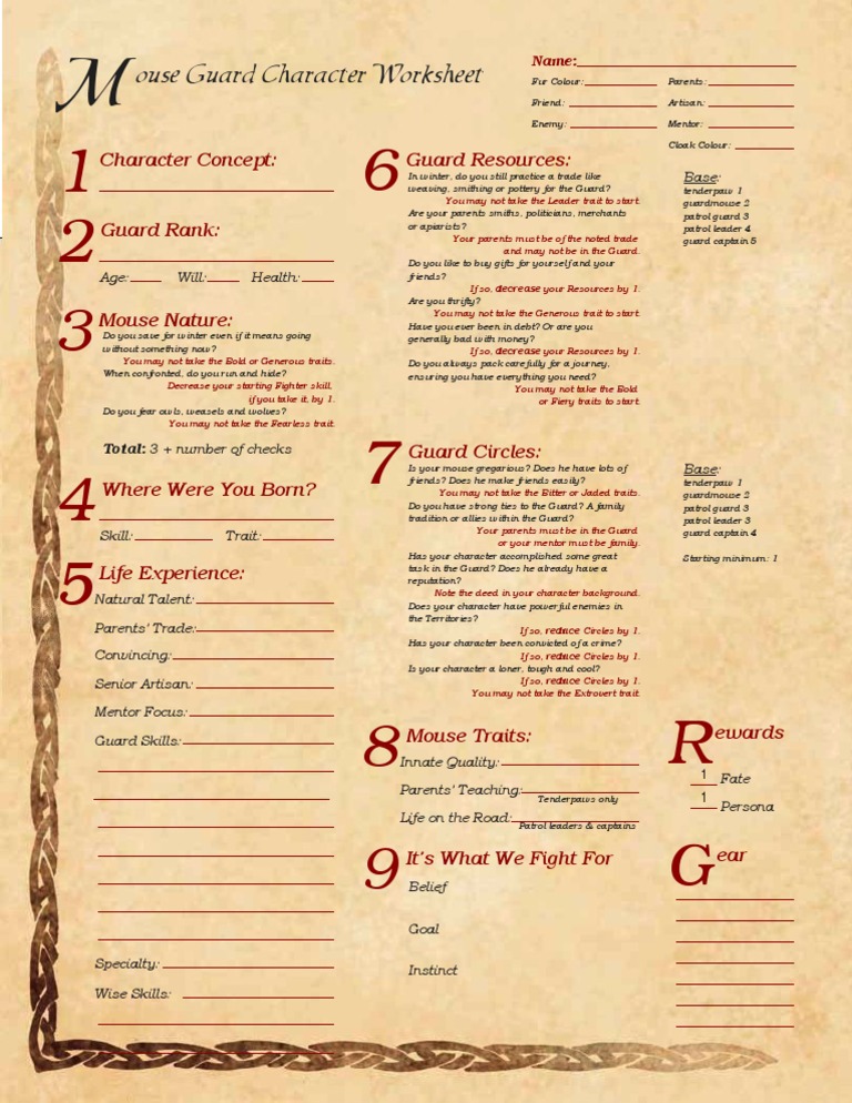 Mouse Guard RPG Character Worksheet - Form-Fillable | PDF
