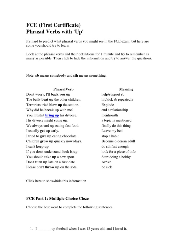 FCE Exercises | PDF | Preposition And Postposition | Sleep