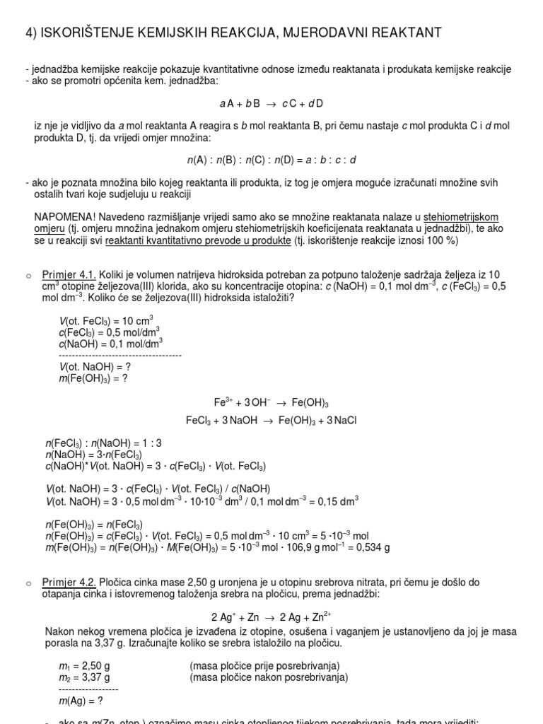 04 Iskoristenje Kemijskih Reakcija, Mjerodavni Reaktant | PDF