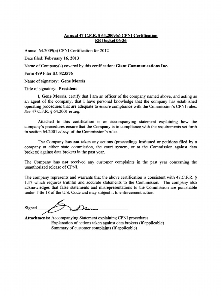 CPNI Compliance Certification 2013 | PDF | Federal Communications ...