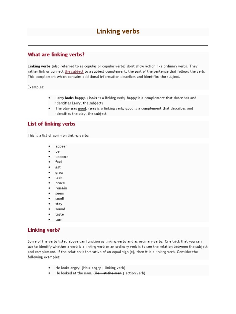 Linking Verbs | PDF | Verb | Subject (Grammar)