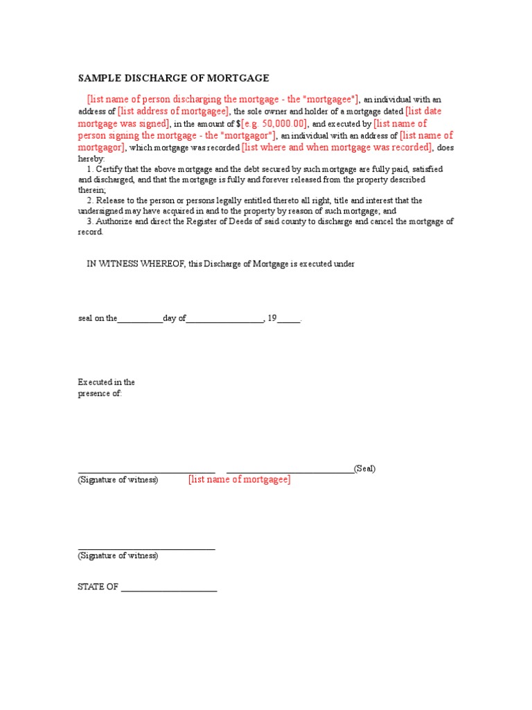 Mortgage Discharge Certification Template | PDF
