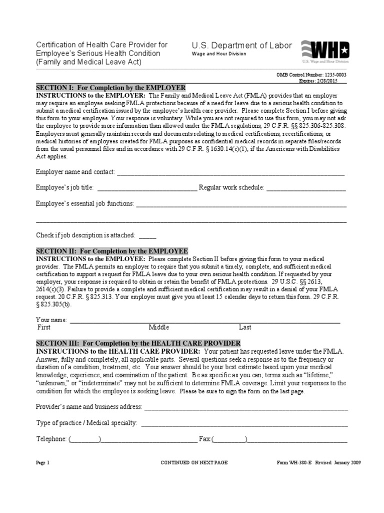 FMLA Health Care Provider Certification | PDF | Family And Medical ...
