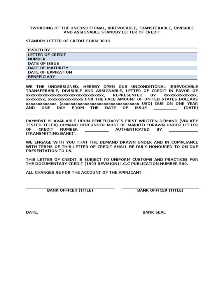 Irrevocable Transferable SBLC Template | PDF | Letter Of Credit ...