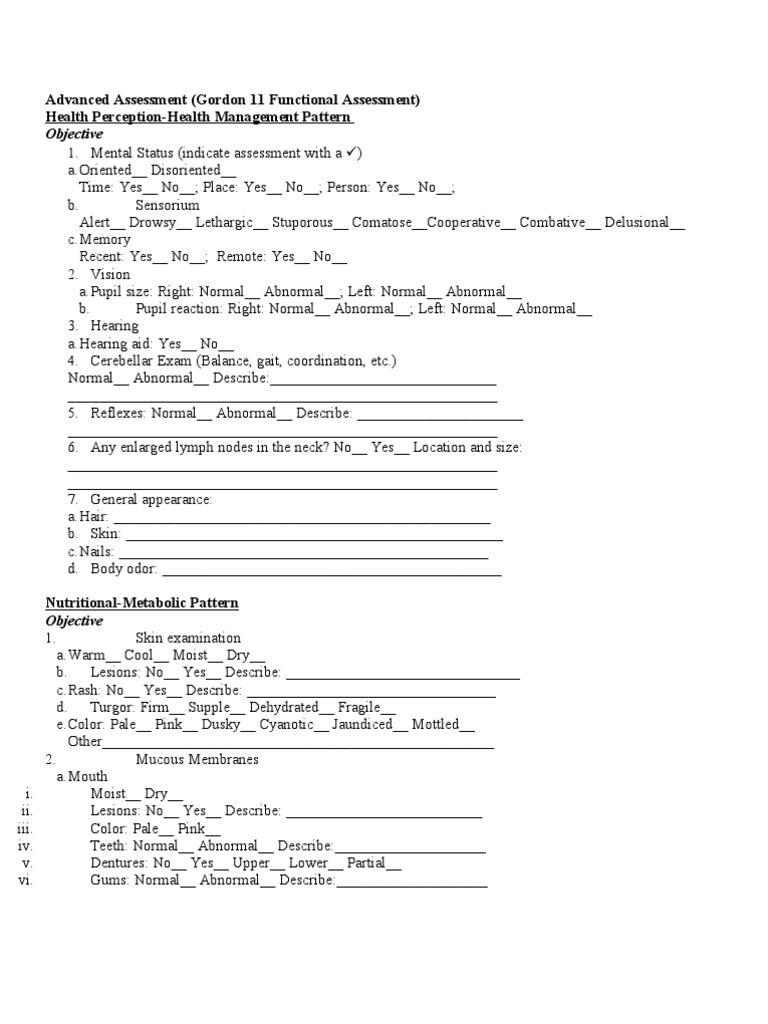 Objective: Advanced Assessment (Gordon 11 Functional Assessment) H ...