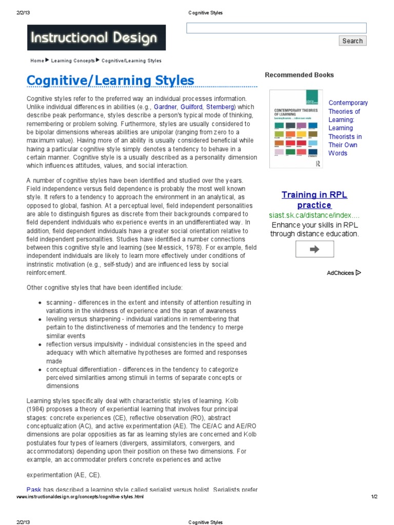 Cognitive/Learning Styles: Training in RPL Practice | PDF | Learning ...