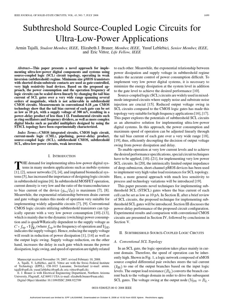Subthreshold Source-Coupled Logic Circuits For Ultra-Low-Power Applications | PDF | Cmos | Mosfet