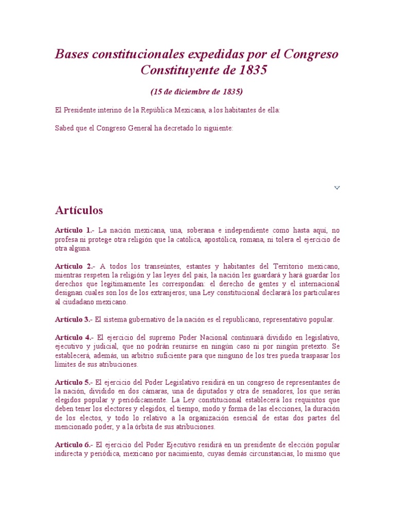 Bases Constitucionales Expedidas Por El Congreso Constituyente de 1835 ...