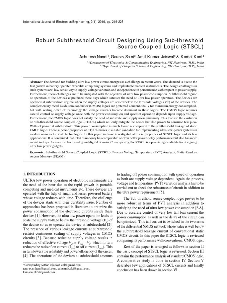 Robust Subthreshold Circuit Designing Using Sub-Threshold Source Coupled Logic (STSCL ...