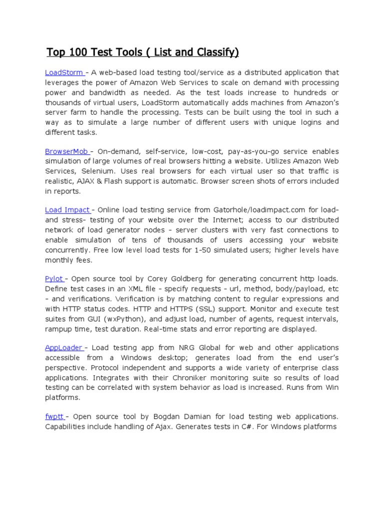 Top 100 Test Tools (List and Classify) : Loadstorm | PDF | Java ...