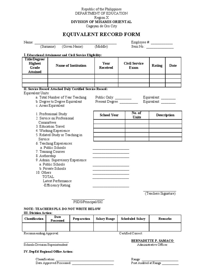 Equivalent Record Form for Teachers 2024 | PDF