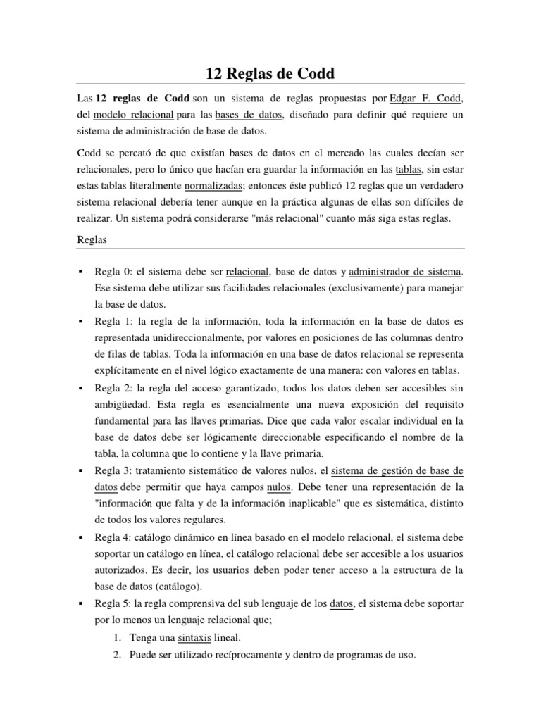 12 Reglas de Codd | PDF | Modelo relacional | Bases de datos