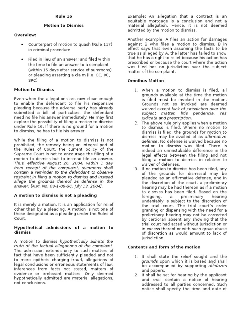 Rule 16 & 17 Motion To Dismiss | PDF | Prejudice (Legal Term) | Lawsuit