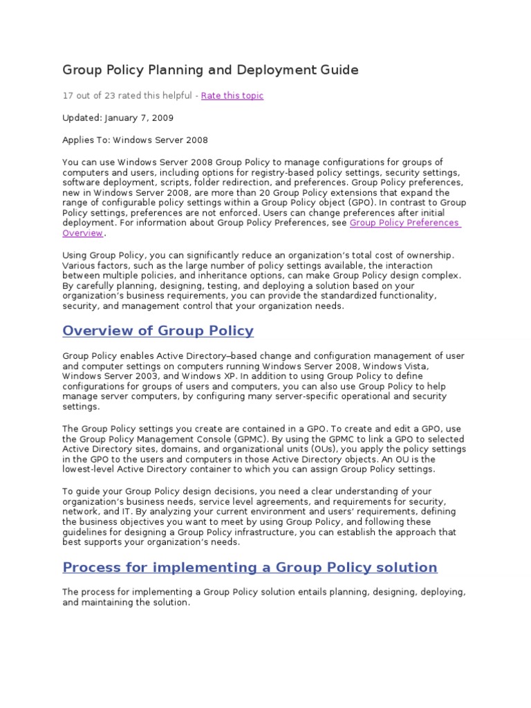 Group Policy Planning and Deployment Guide | PDF | Group Policy ...