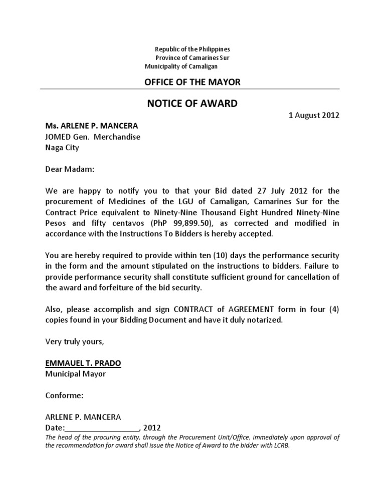 Notice of Award for Medicine Procurement | PDF | Business | Finance ...