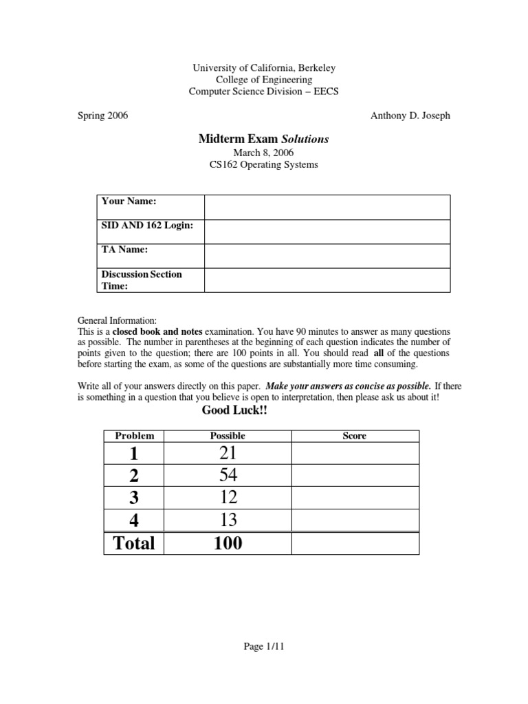 CS162 Spring 2006 Midterm Solutions | PDF | Scheduling (Computing ...