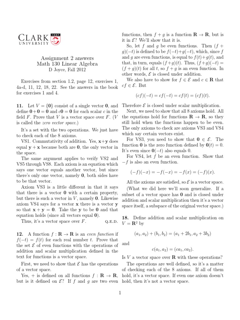 Assignment 2 Answers Math 130 Linear Algebra | PDF | Vector Space ...
