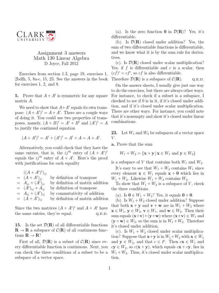 Assignment 3 Answers Math 130 Linear Algebra | PDF | Linear Subspace | Operator Theory
