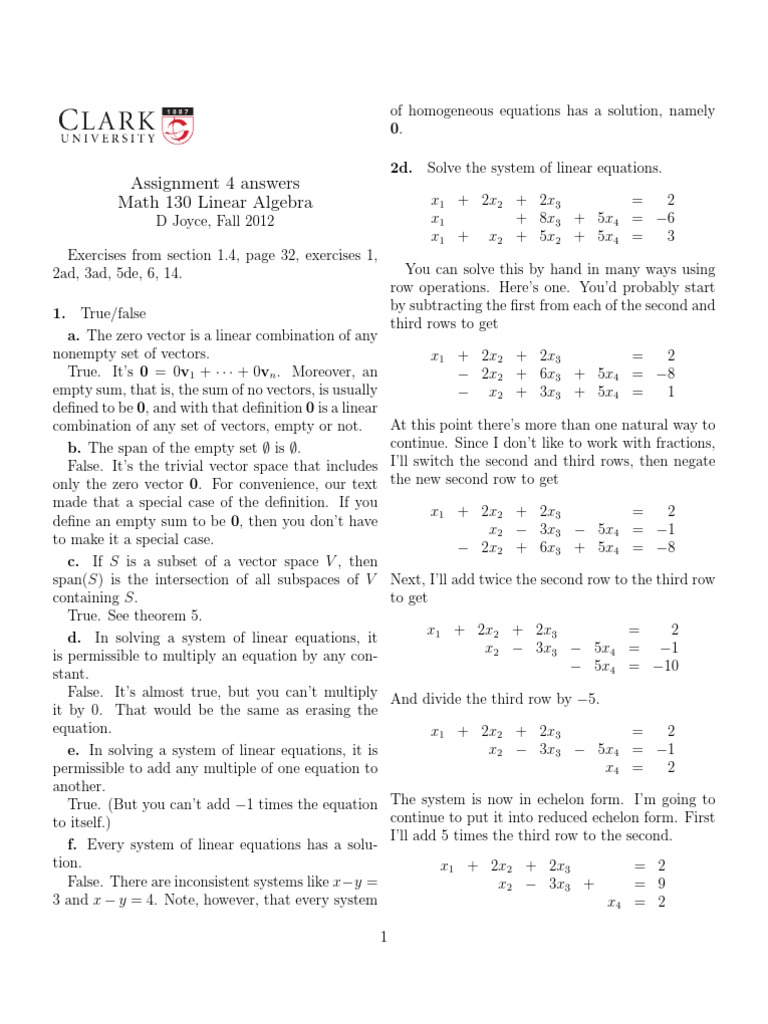 Assignment 4 Answers Math 130 Linear Algebra | PDF | System Of Linear Equations | Vector Space