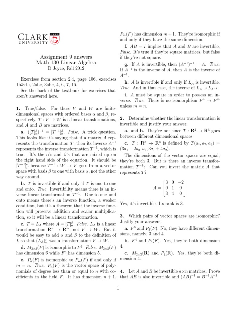 Assignment 9 Answers Math 130 Linear Algebra | PDF | Basis (Linear Algebra) | Matrix (Mathematics)