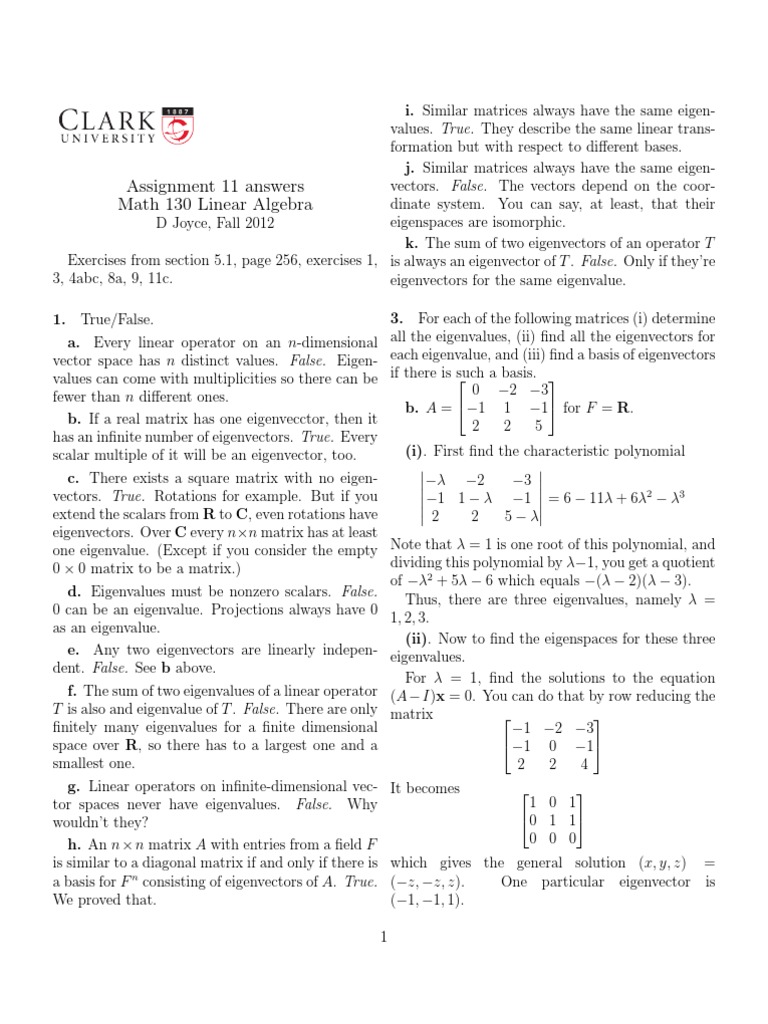 Assignment 11 Answers Math 130 Linear Algebra | PDF | Eigenvalues And Eigenvectors | Operator Theory