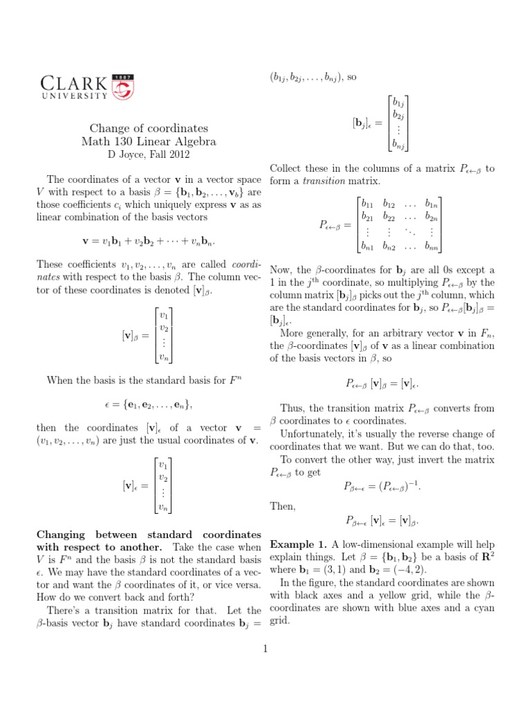 Change of Coordinates Math 130 Linear Algebra: 1j 2j NJ | PDF | Basis ...