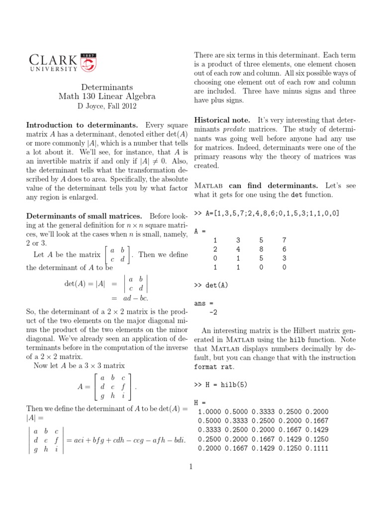 Determinants Math 130 Linear Algebra | PDF | Determinant | Matrix (Mathematics)