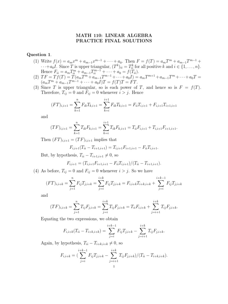 Math 110: Linear Algebra Practice Final Solutions | PDF | Eigenvalues And Eigenvectors ...