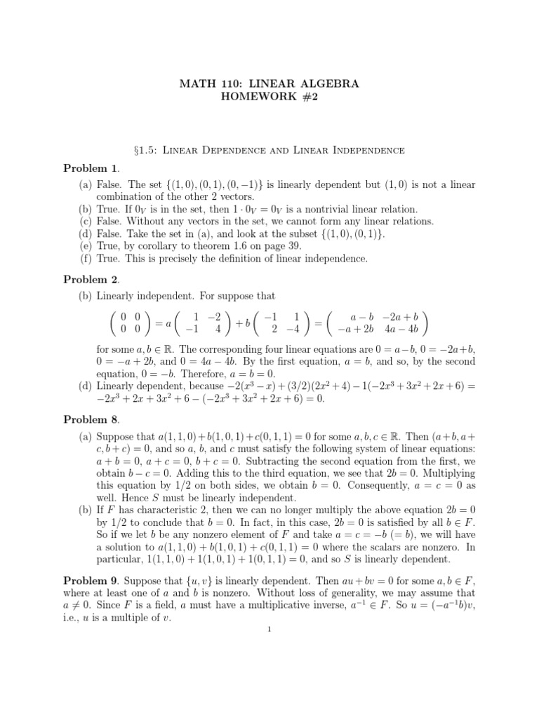 Math 110: Linear Algebra Homework #2 | PDF | Matrix (Mathematics) | Basis (Linear Algebra)