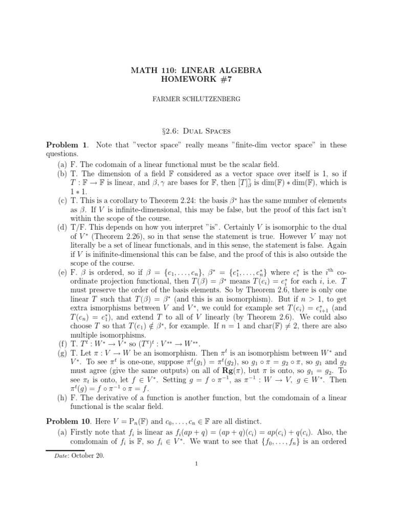 Math 110: Linear Algebra Homework #7: 2.6: Dual Spaces | PDF | Matrix ...