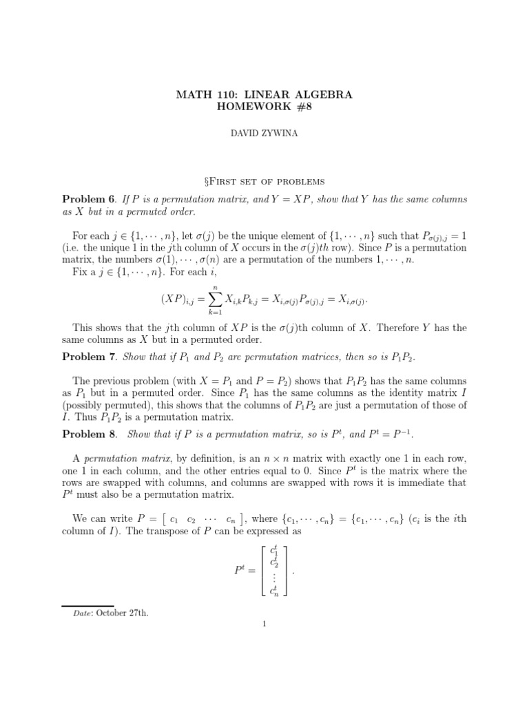 Math 110: Linear Algebra Homework #8: David Zywina | Download Free PDF | Matrix (Mathematics ...