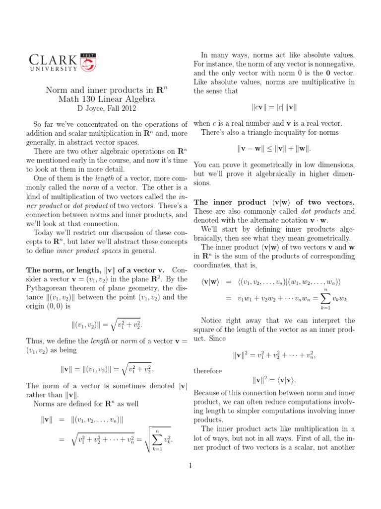 Norm and Inner Products in R Math 130 Linear Algebra | Download Free ...