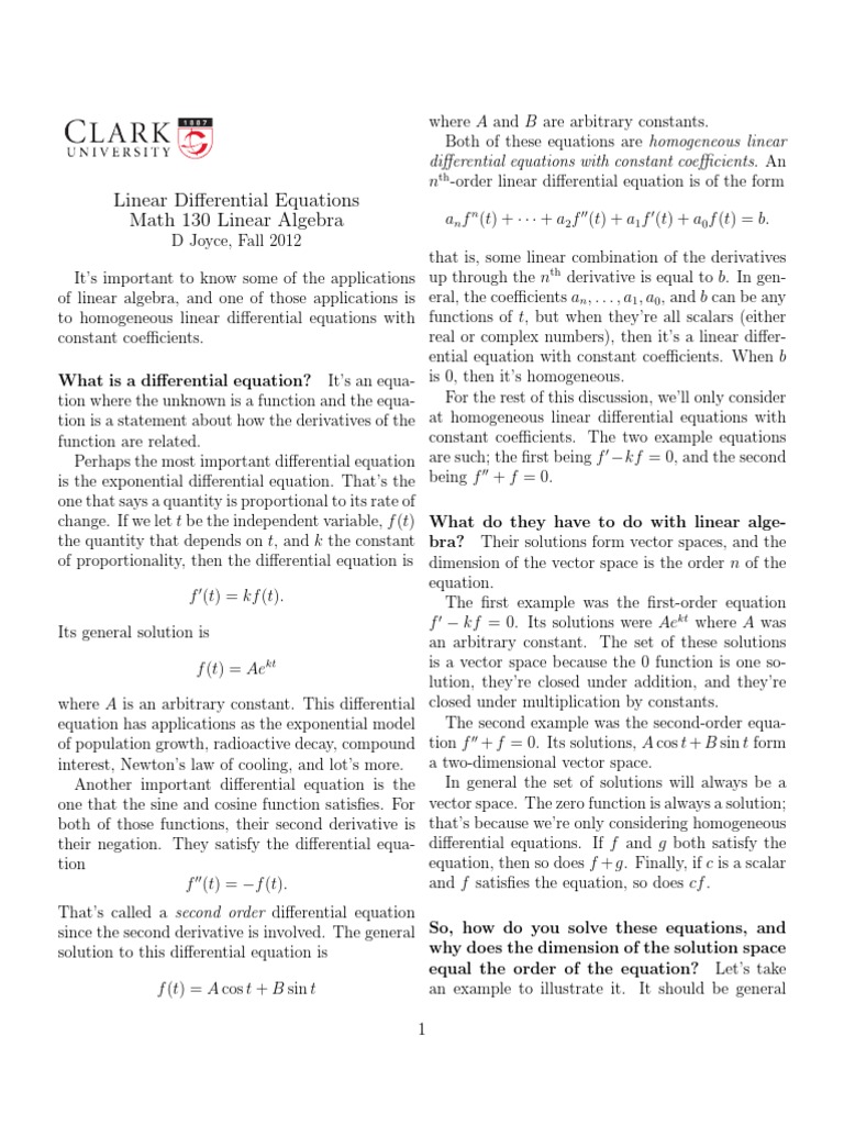 Linear Differential Equations Math 130 Linear Algebra | PDF | Equations ...