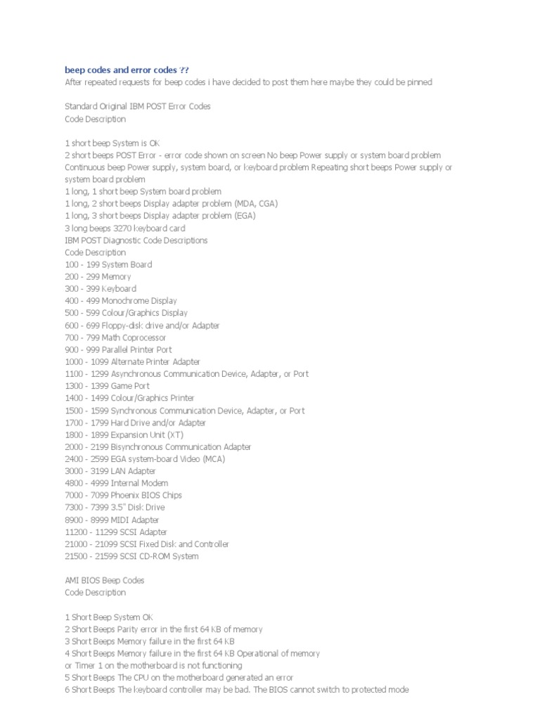 Beep Codes and Error Codes | Bios | Video Game Platforms