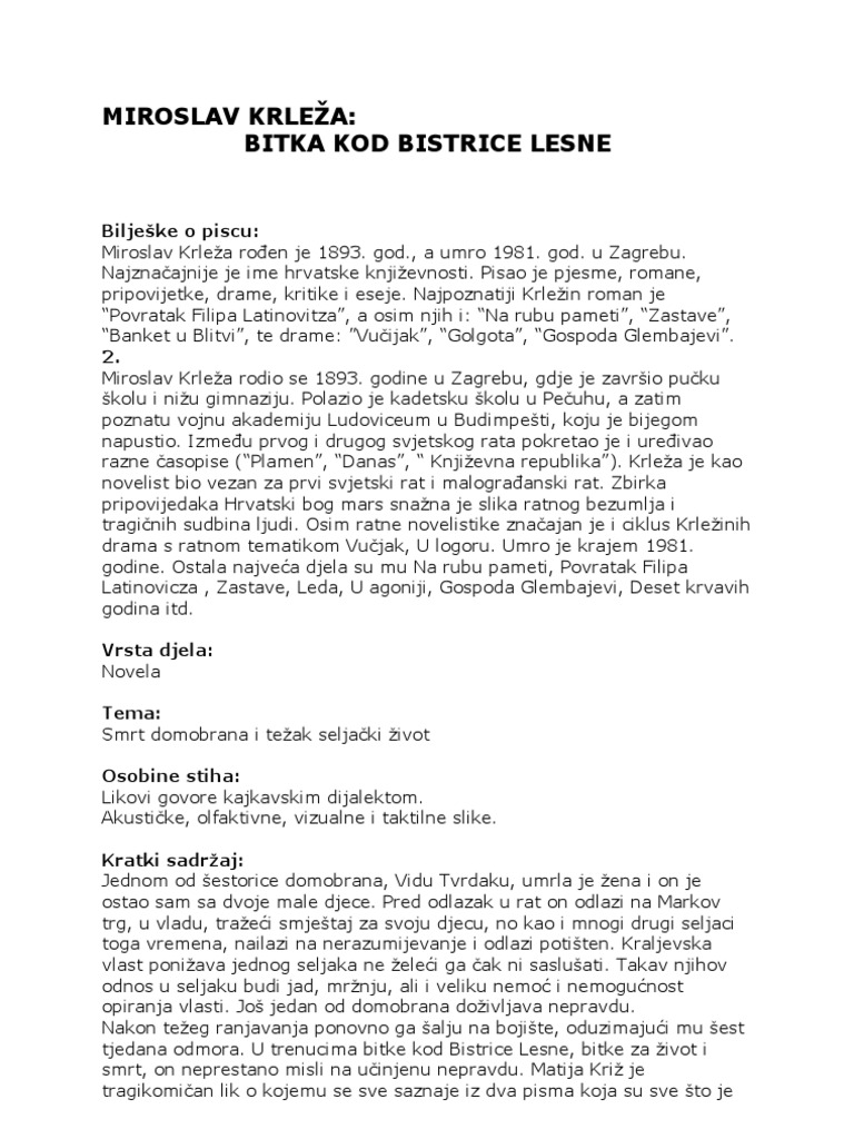 Bitka Kod Bistrice Lesne - Miroslav Krleza | PDF