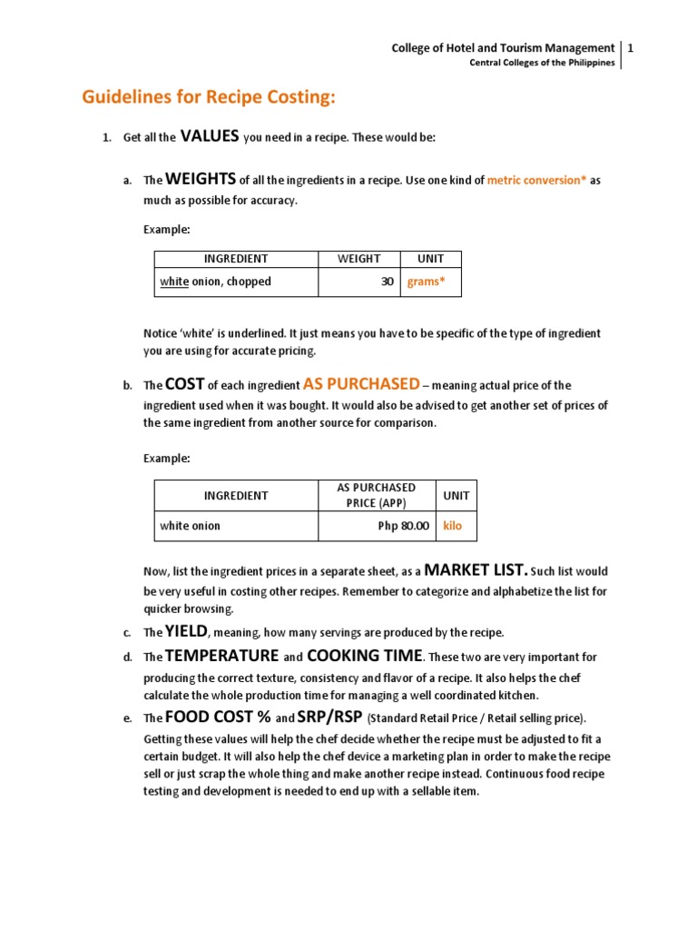 Guidelines For Recipe Costing | PDF | Recipe | Retail