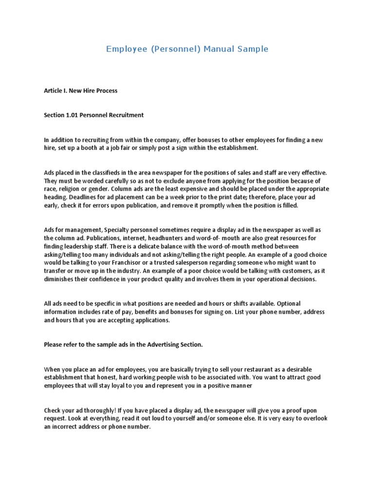 Employee (Personnel) Manual Sample: Article I. New Hire Process | PDF ...