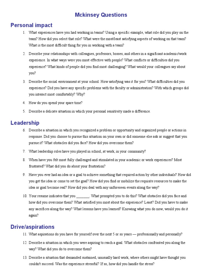 Mckinsey Questions Personal Impact | PDF | Goal | Leadership