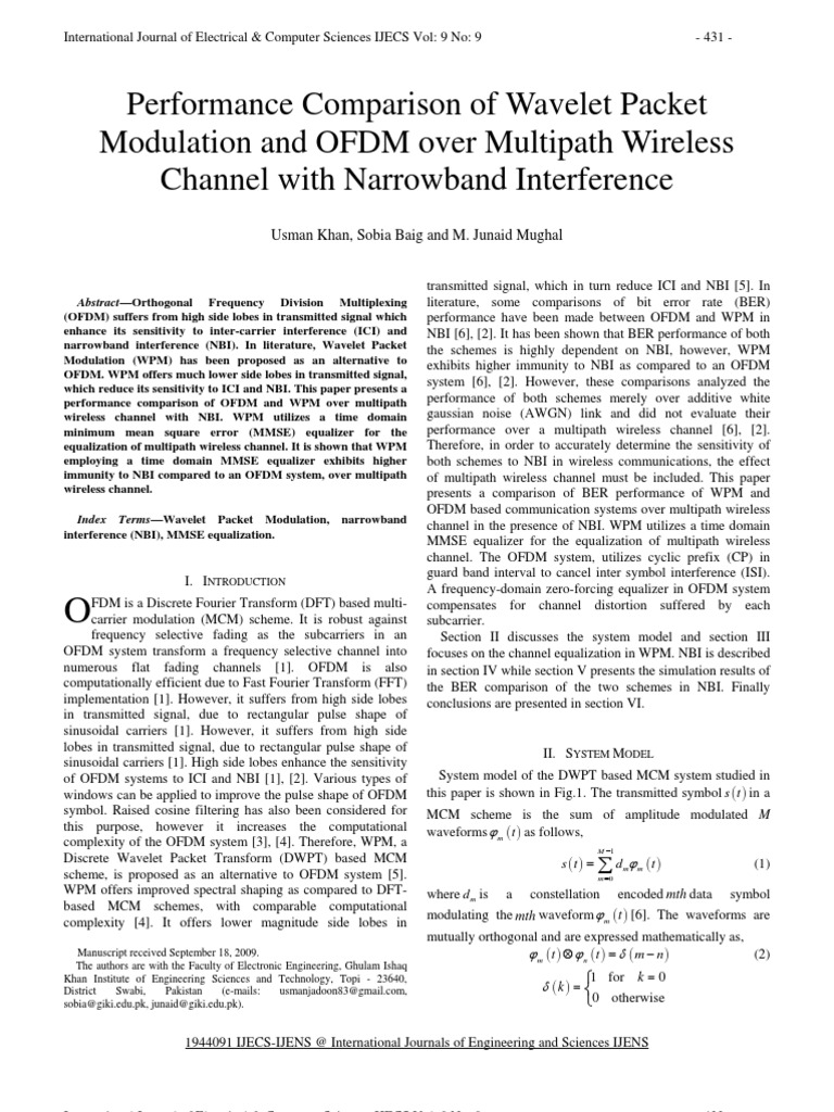 Performance Comparison of Wavelet Packet Modulation and OFDM Over Multipath Wireless Channel ...